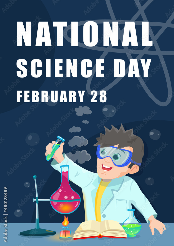 vector illustration science day poster. Young scientists researching in ...