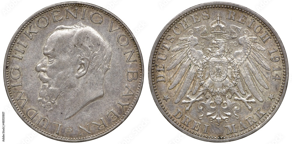 Germany German Bavaria Bavarian silver coin 3 three mark 1914, ruler ...