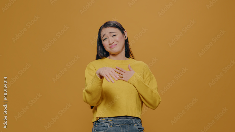 Young person showing appreciation and gratitude on camera, feeling ...