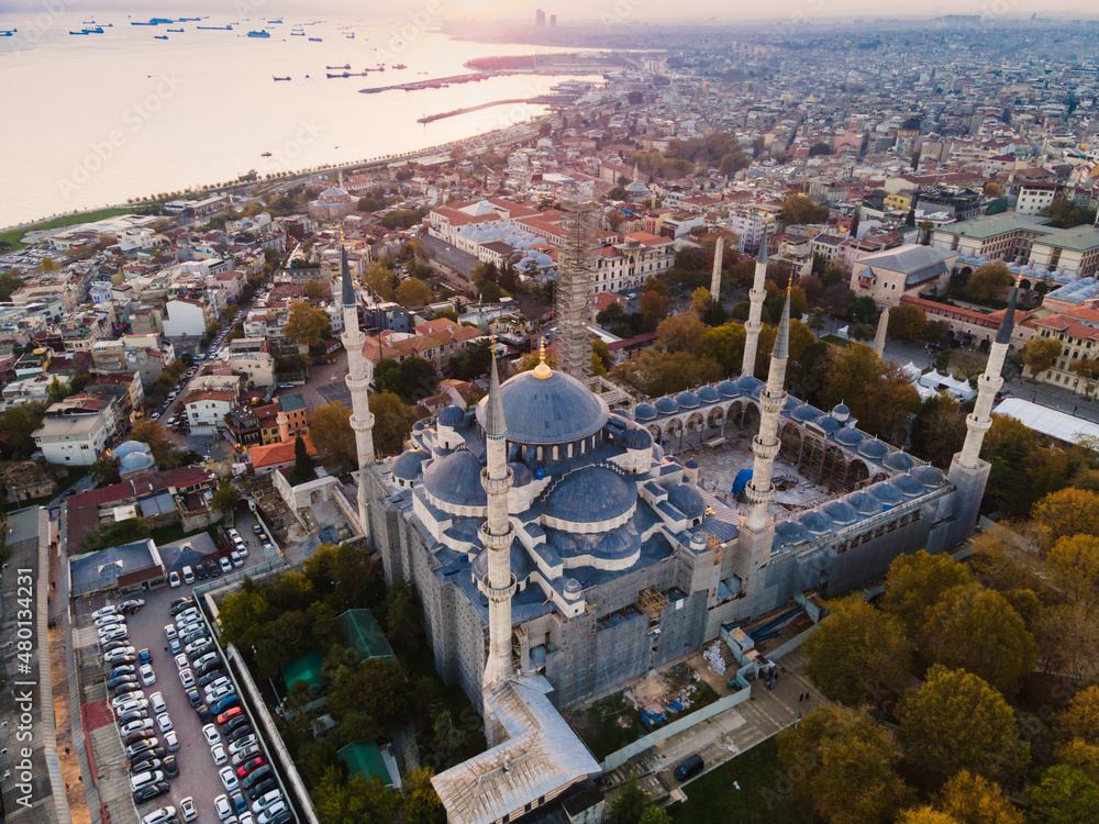 Aerial view of Blue Mosque with six minarets in Istanbul, Turkey. Top ...