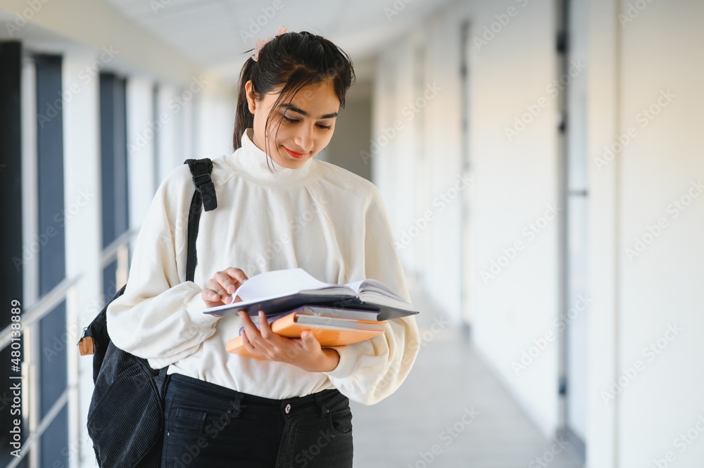 beautiful indian university student. The concept of higher education ...