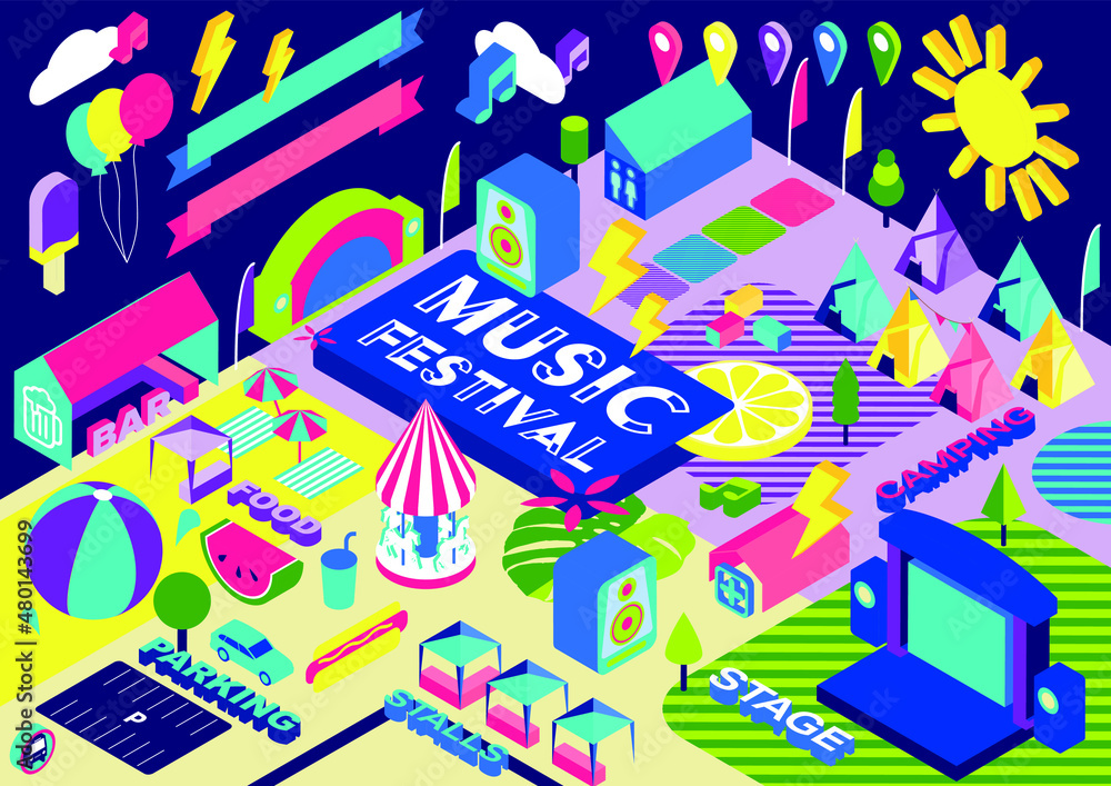 Isometric 3D Music Event Festival Map Poster Creation Kit Stock Vector ...