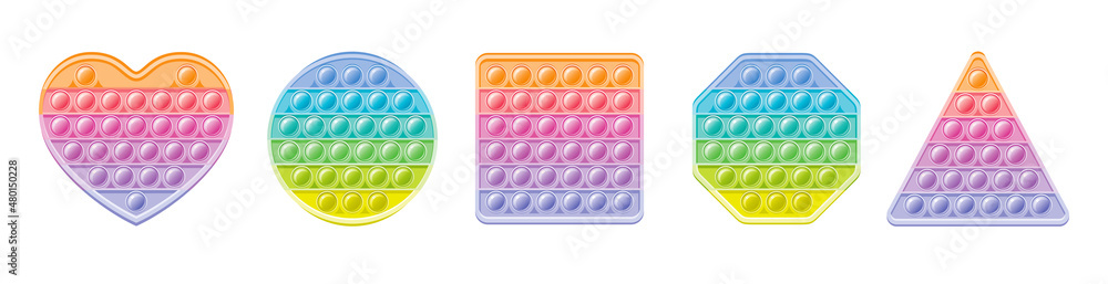 Fidget toy set. Popit sensory vector toy. Rainbow square popular pop it ...