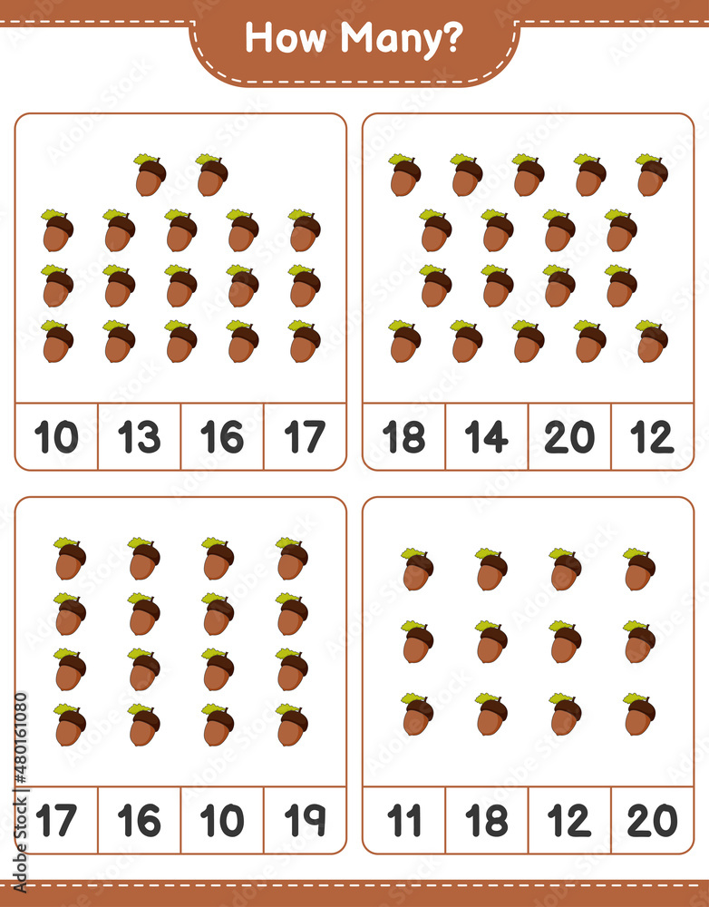 Counting game, how many Acorn. Educational children game, printable ...