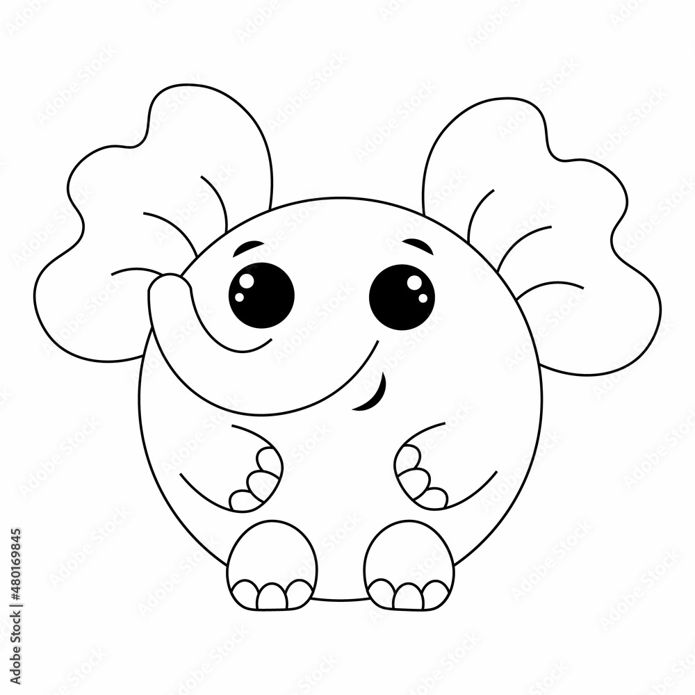 Cute cartoon round Elephant. Draw illustration in black and white Stock ...