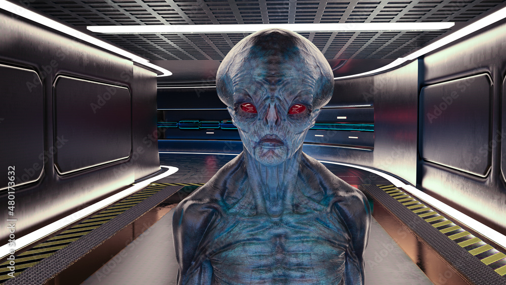 3d Illustration of an alien with red eyes in a starship corridor. Stock ...