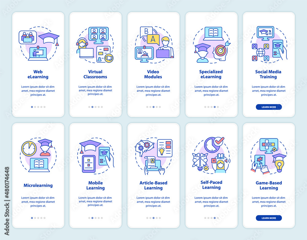 Electronic learning onboarding mobile app screen set. Types of ...