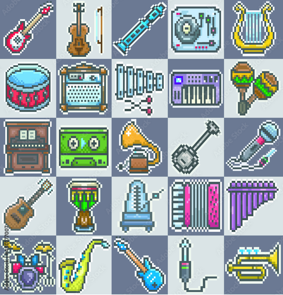 Pack of 25 musical instruments in pixelart,pixel,color,editable vector ...