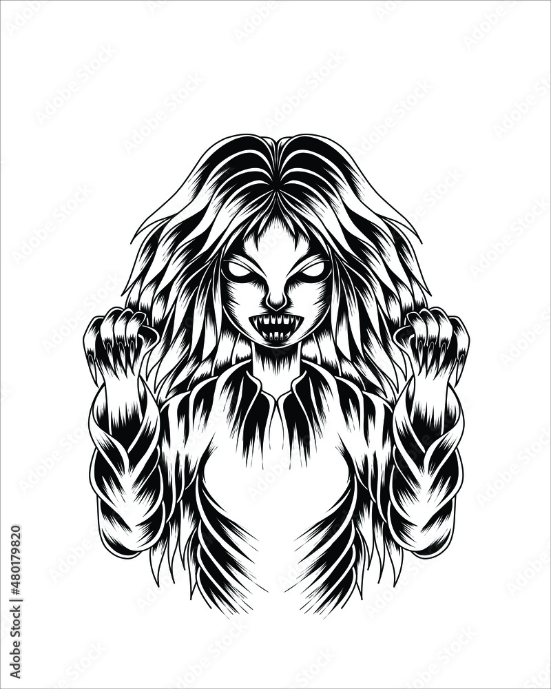 Artwork Illustration Indonesian Legendary Ghost Kuntilanak Line Art ...