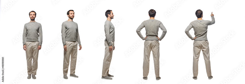 Collage of full-length portraits of man standing in a line, posing ...