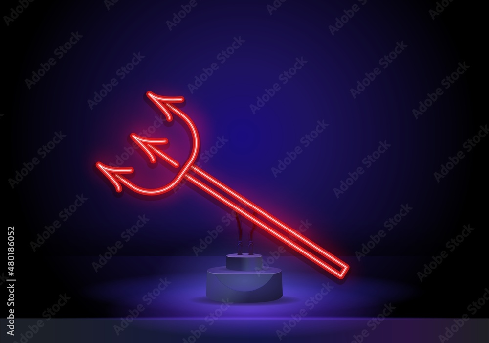Halloween outfit neon icon. red devil Trident on dark wall background ...