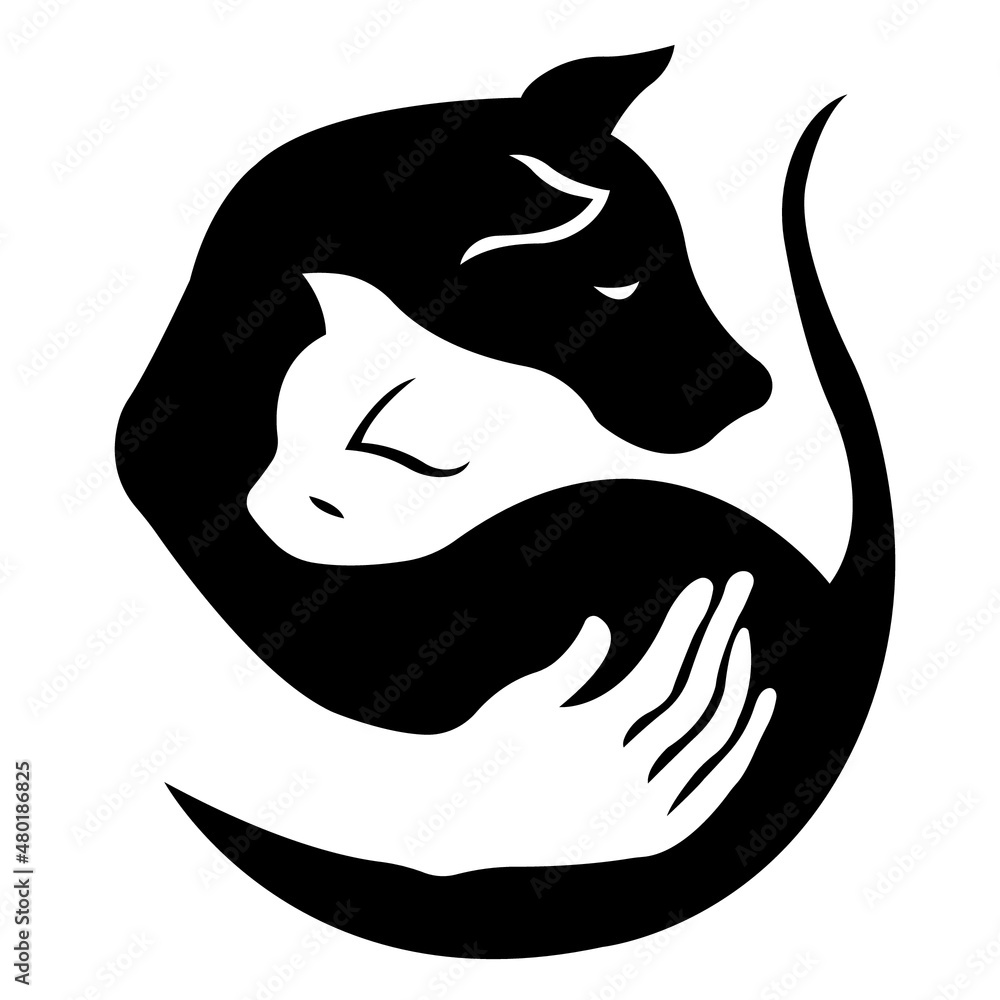 Protection and care of pets. Cat and dog human hug logo. Vector ...