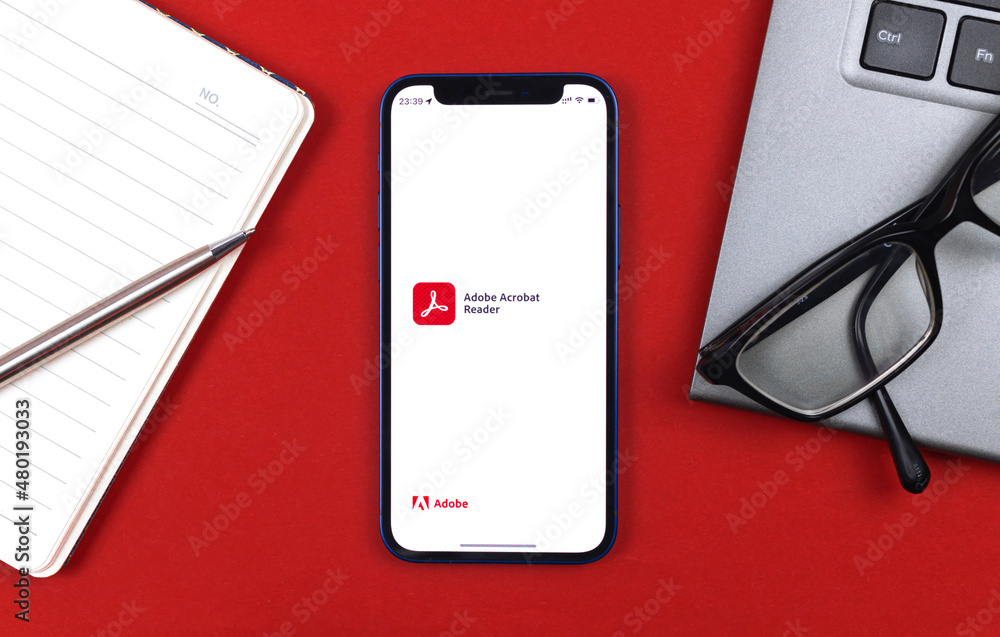 Adobe Acrobat Reader application logo. Business desktop background, top ...