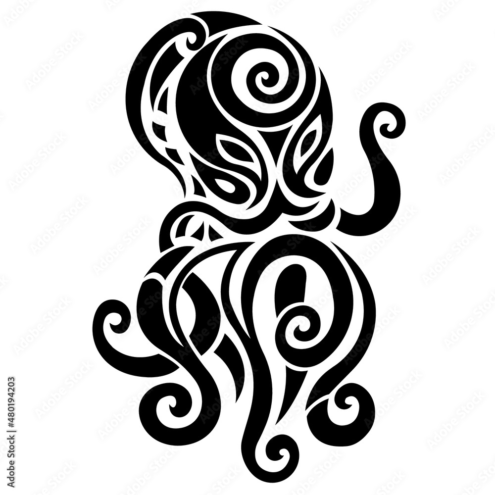 The black outline of the octopus is drawn with lines of different ...