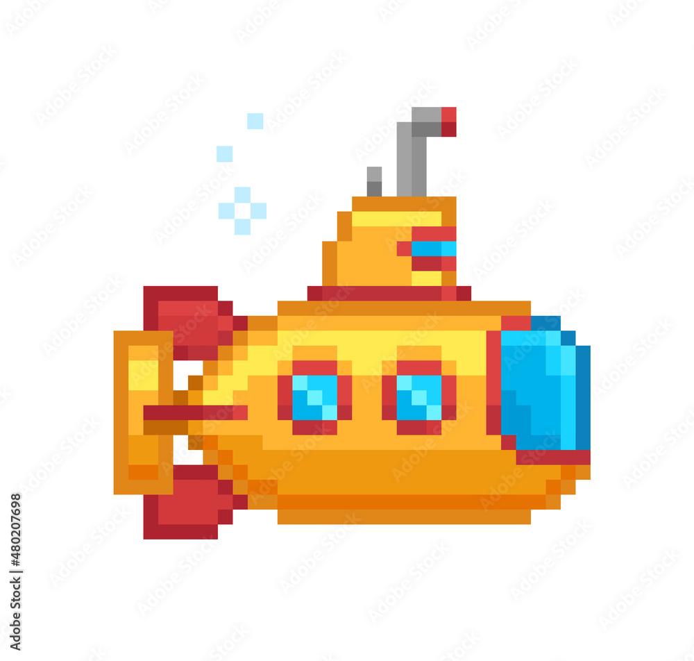 Pixel Art Yellow Submarine bathyscaphe icon design on white background ...