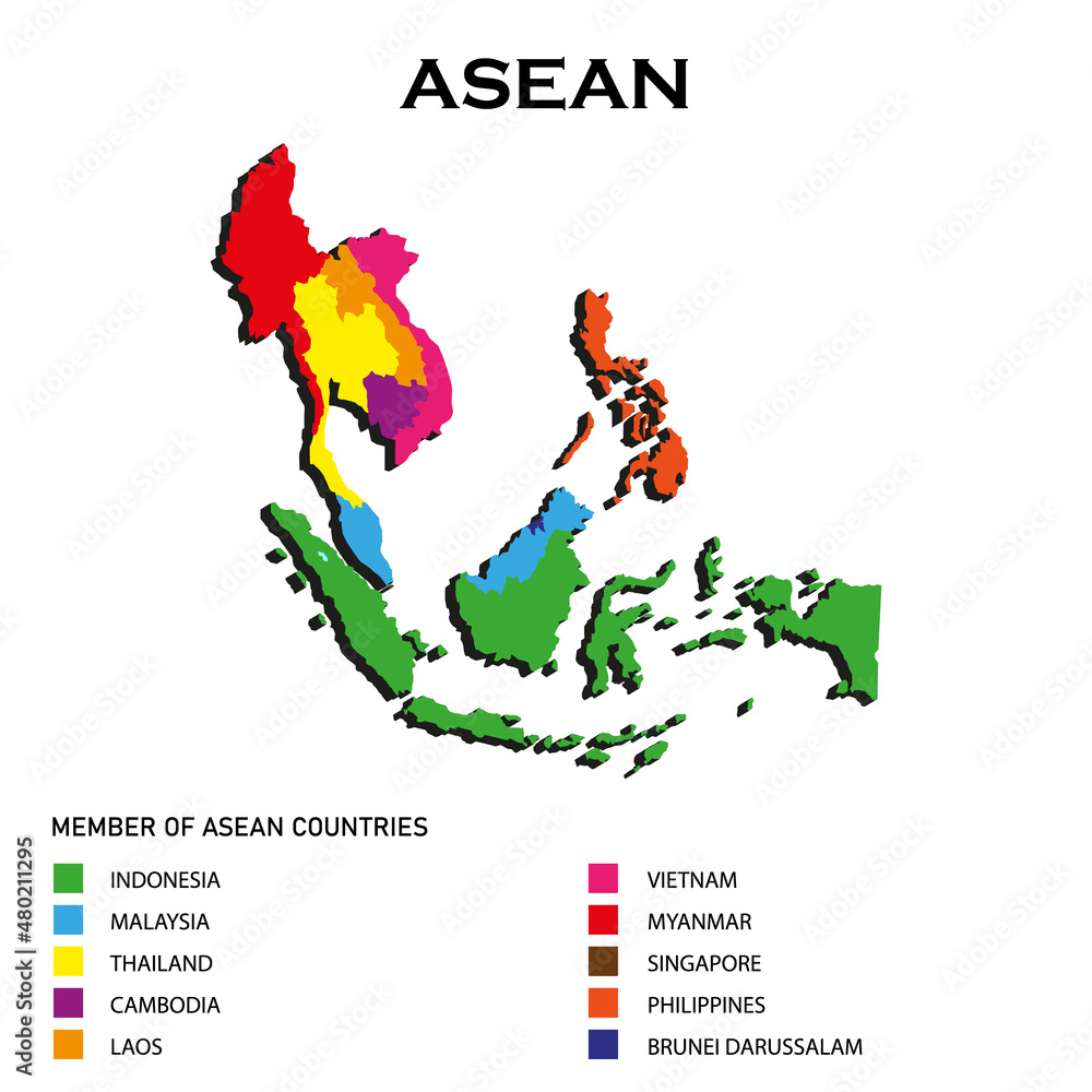 3d isometric asean country map including names of country Stock Vector ...