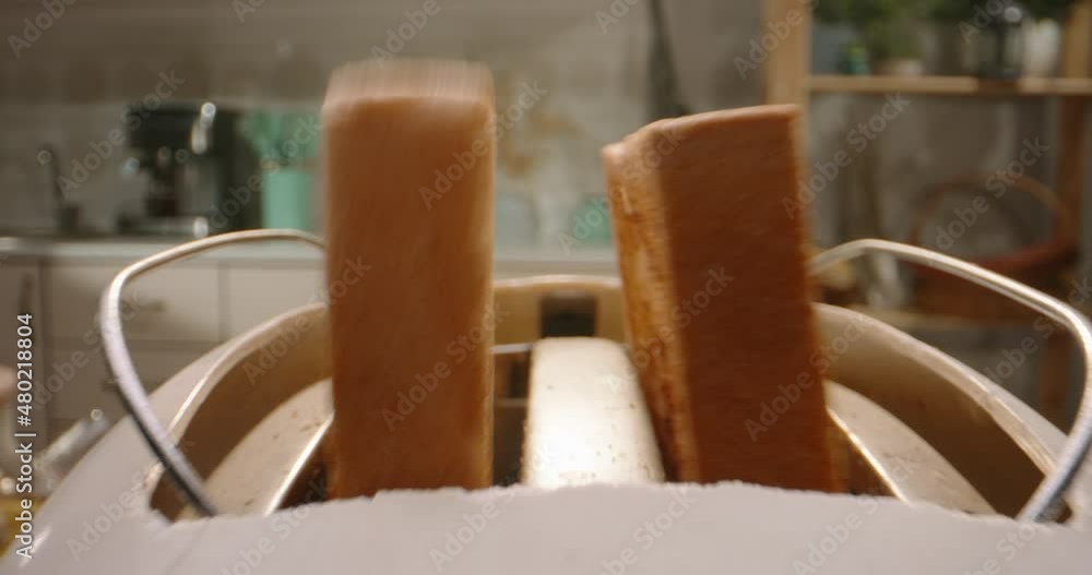 Sliced white bread popping out of toaster on kitchen table served with ...