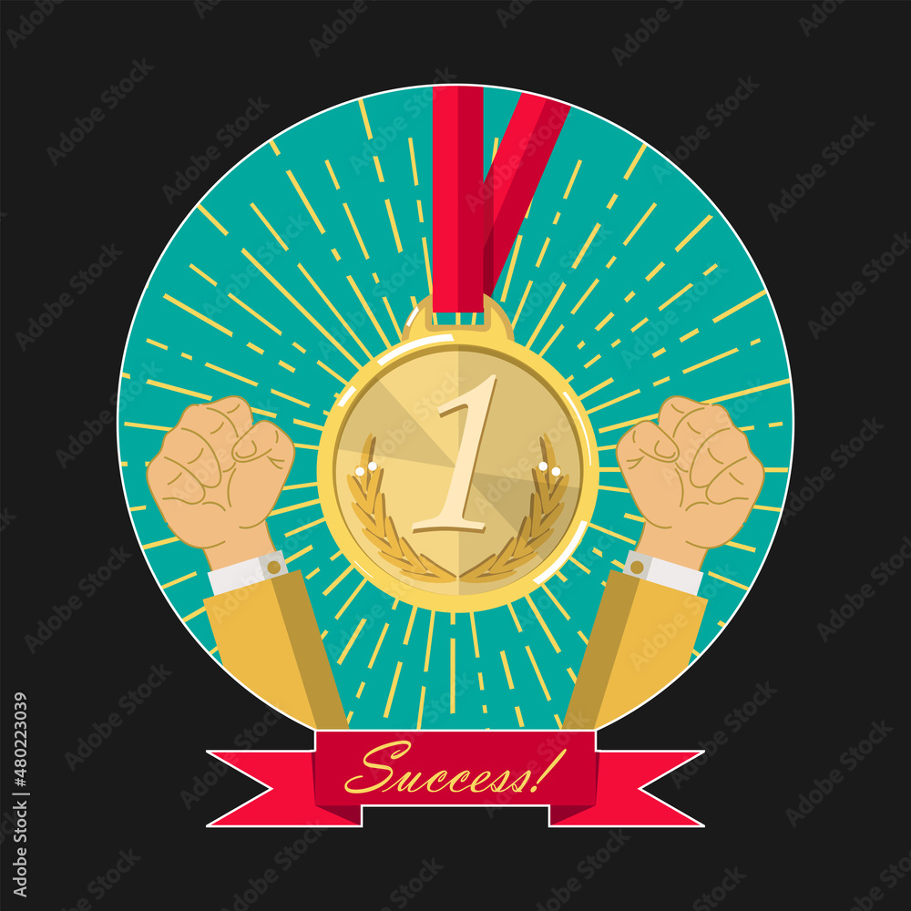 Gold medal surrounded by rays and two hands clenched into a fist. At ...