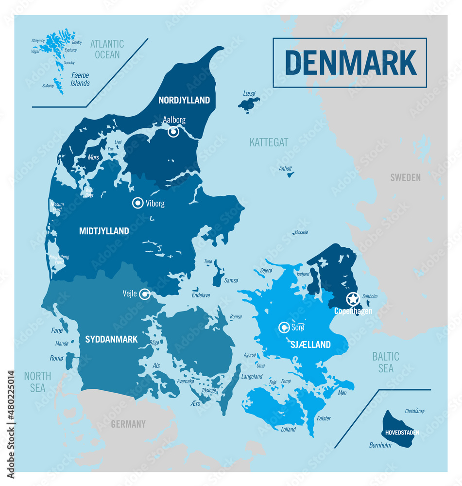 Denmark country political map. Detailed vector illustration with isolated provinces, departments ...