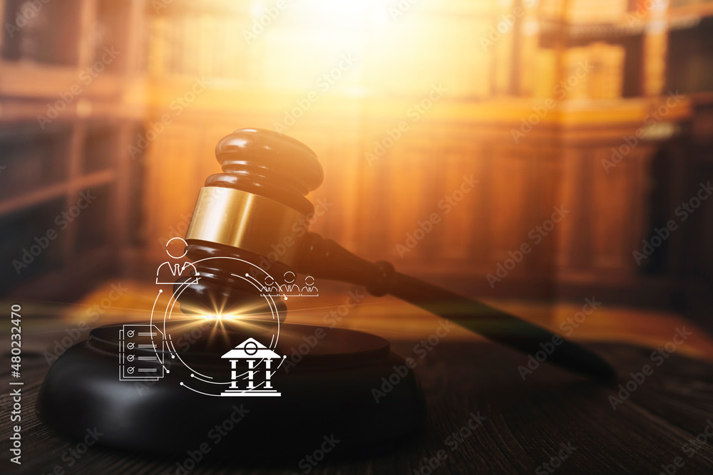 Justice and law concept.Male judge in a courtroom with the gavel ...
