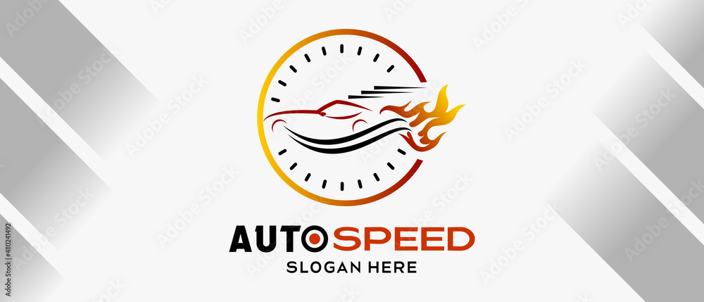 automotive and rpm car logo design with fire element concept in circle ...