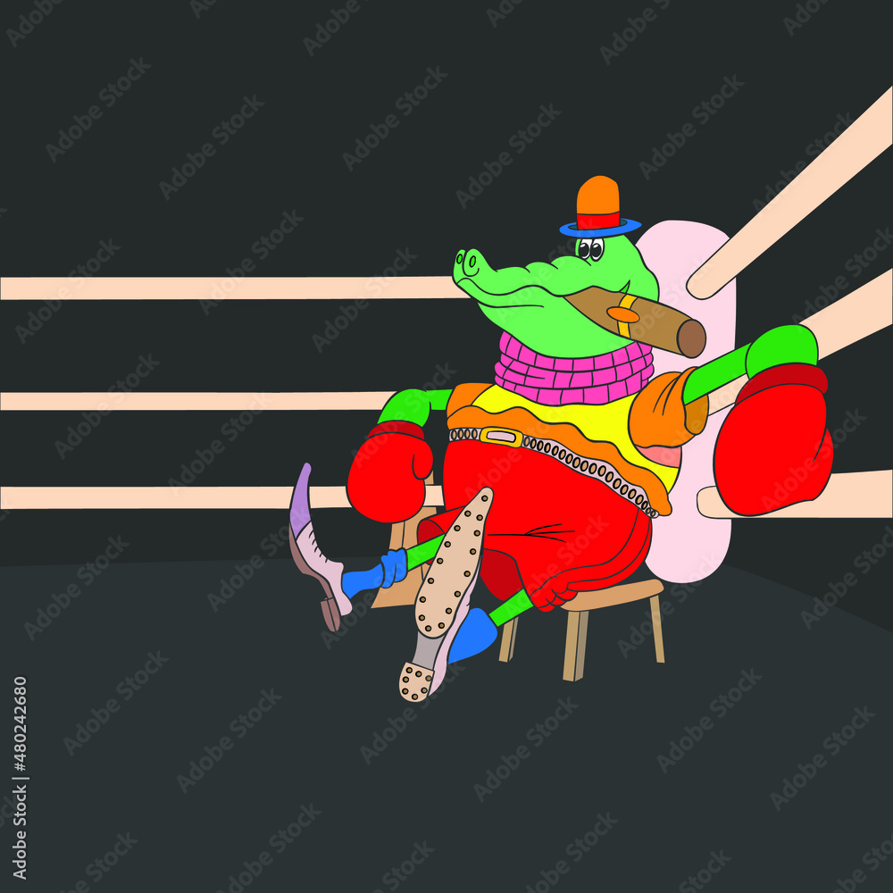 crocodile in boxing gloves in the ring, smoking a cigar, drawing ...