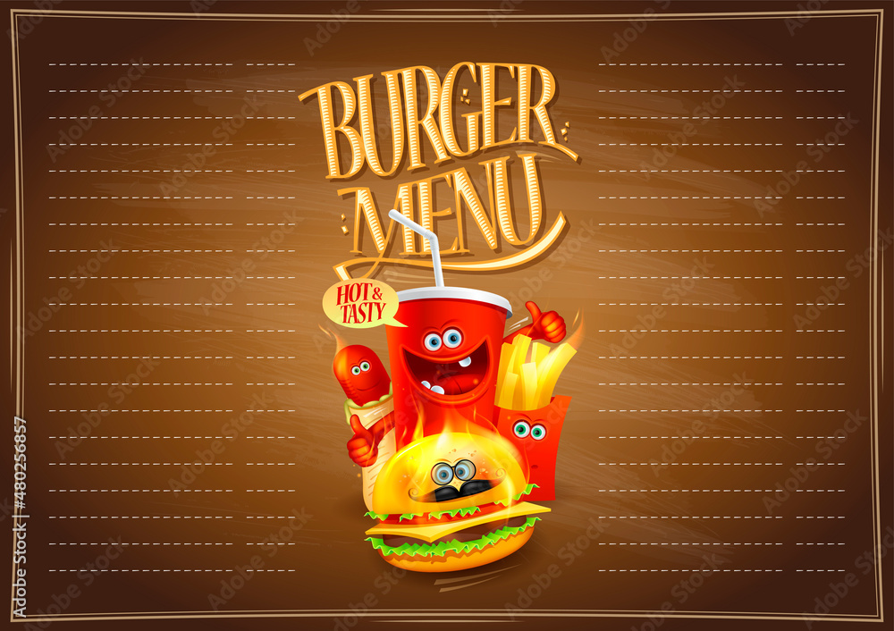 Burger menu list design template with hot dog, burger, french fries and ...