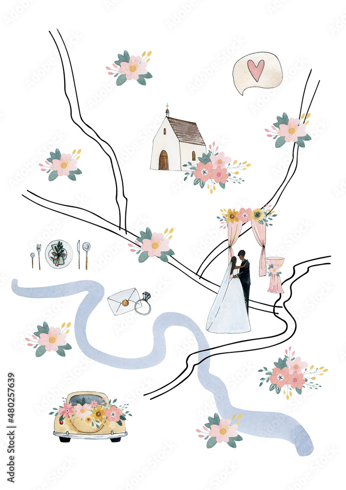 wedding map creator watercolor clipart, hand drawn custom map, wedding ...
