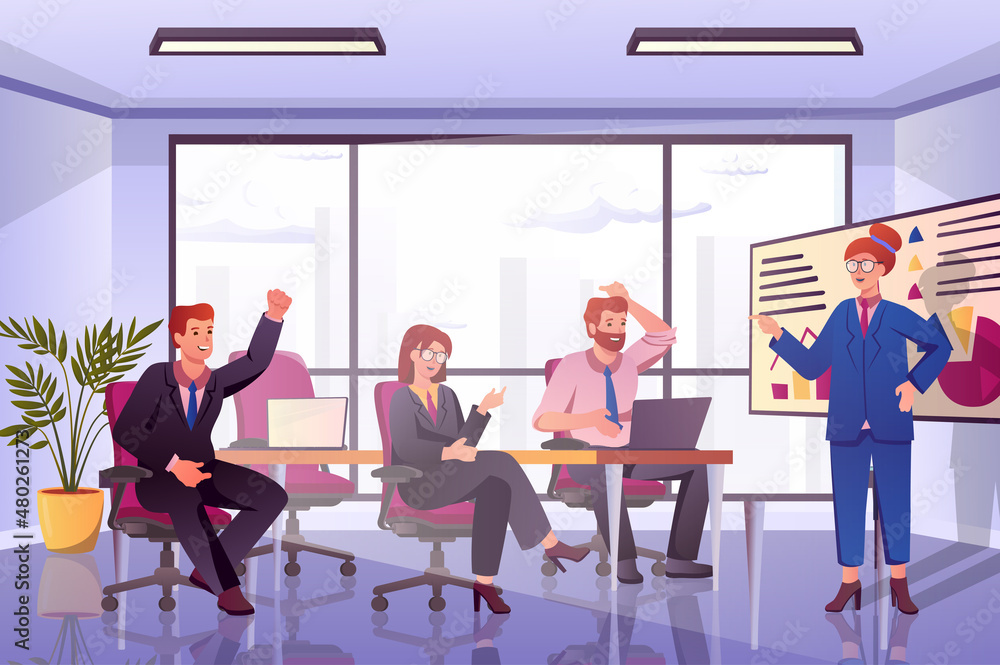 Conference hall concept in flat cartoon design. Colleagues sitting in ...