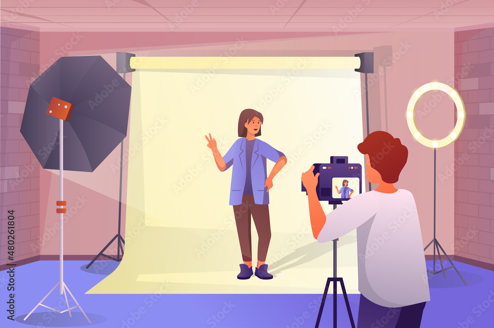 Photo studio interior concept in flat cartoon design. Woman model ...