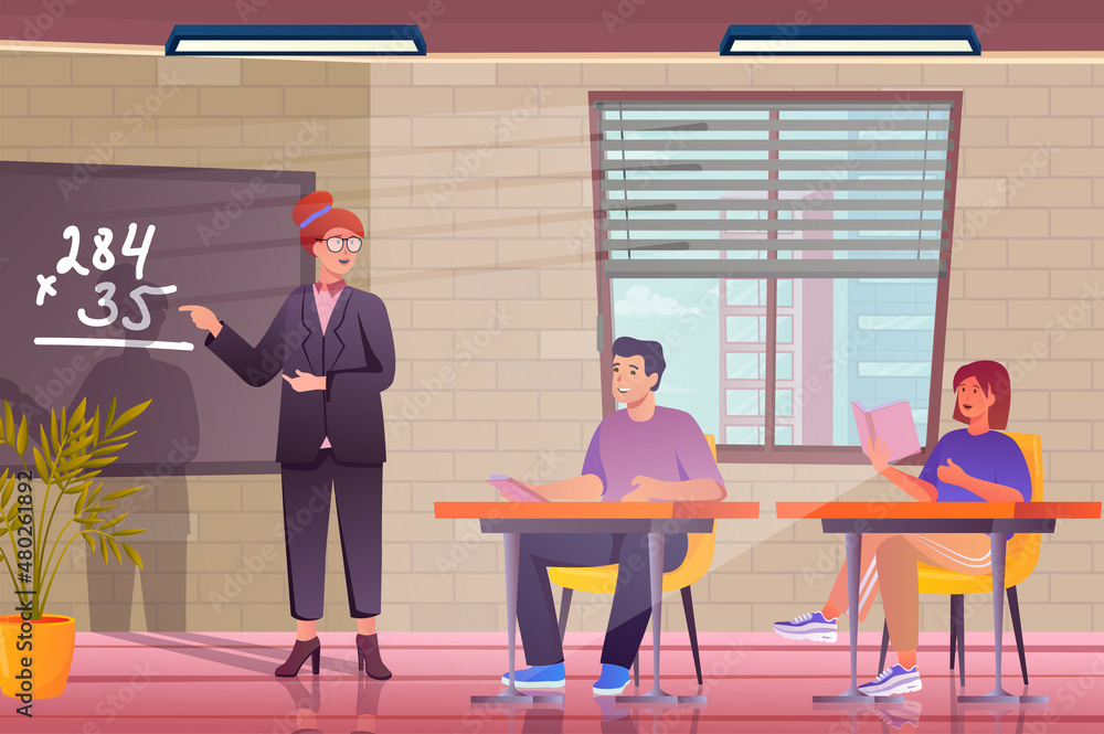 School class concept in flat cartoon design. Teenagers boy and girl ...