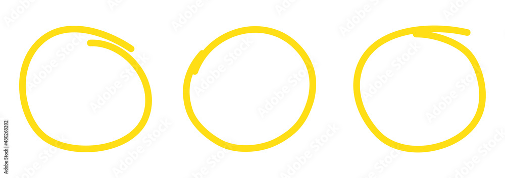 Yellow circle pen draw set. Highlight hand drawn circle isolated on ...