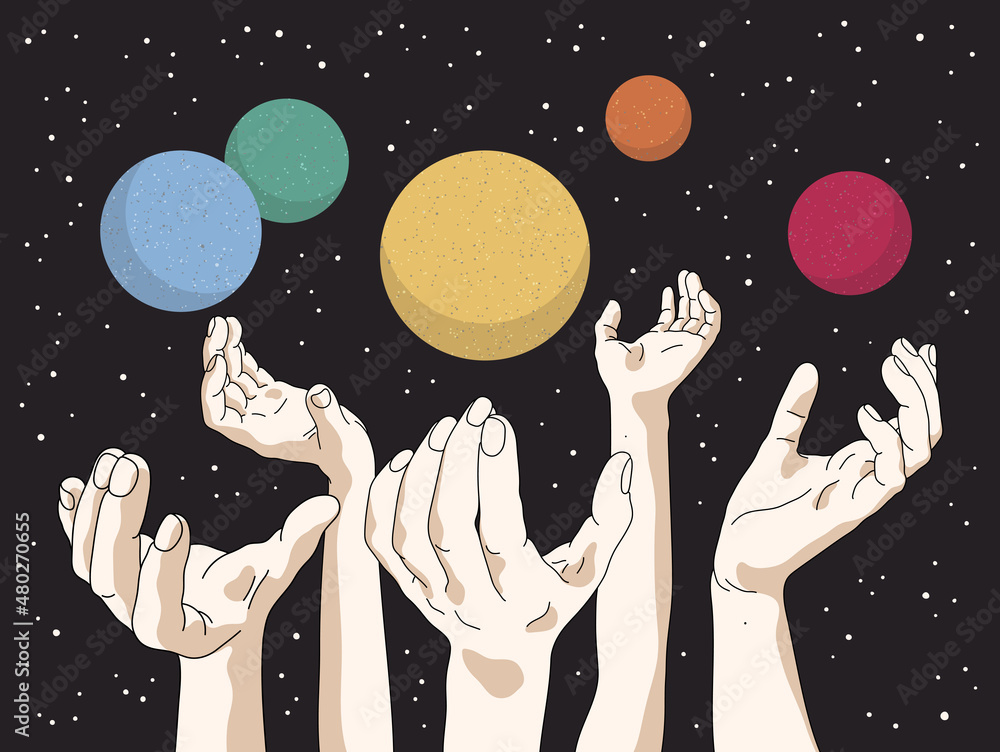 Raised human hands. Planets in space. Starry sky. Retro sci-fi poster ...