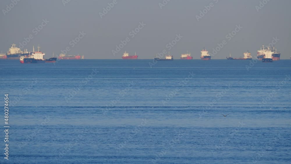 Stockvideo Empty sea surface in the foreground, many cargo ships ...