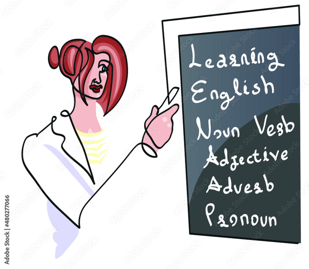 One line drawing of English teacher writing at blackboard One ...