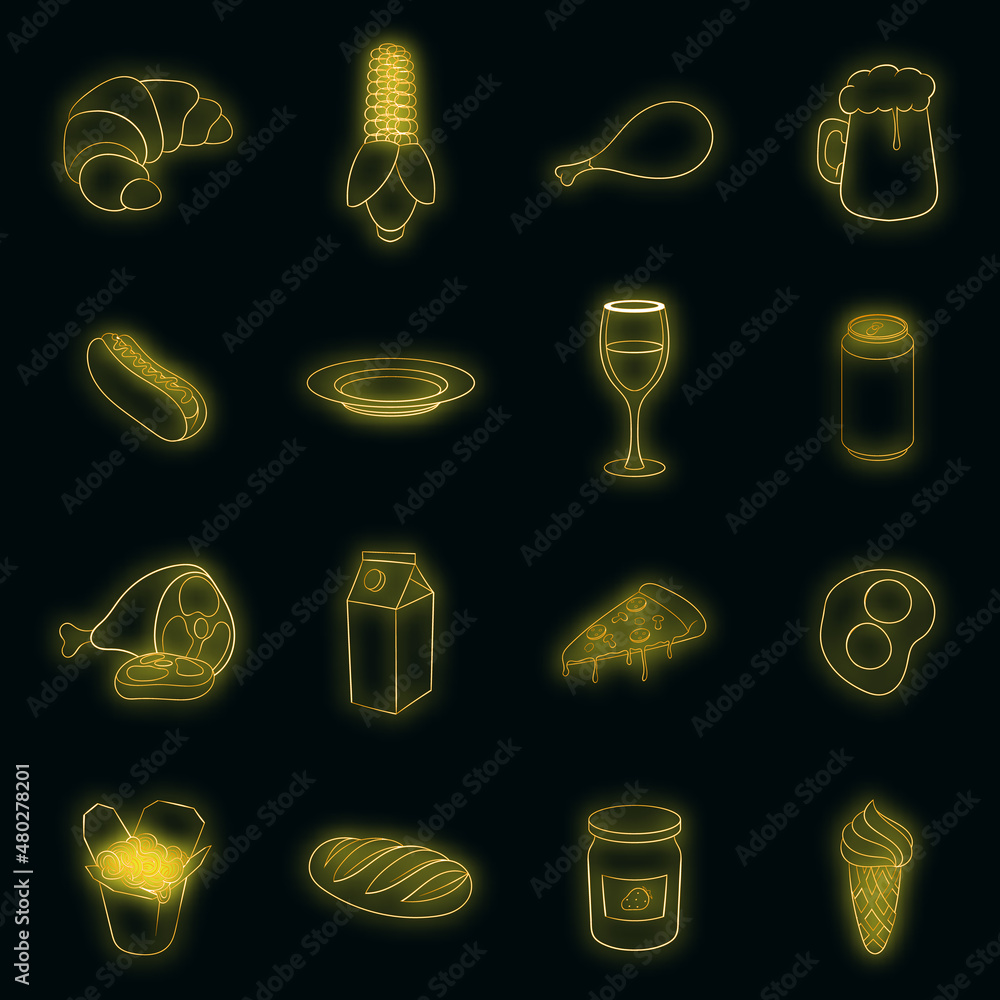 Food icons set in neon style. Fast food set collection vector ...
