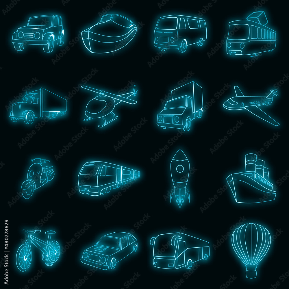Cartoon transport icons set. Universal transport set to use neon color ...
