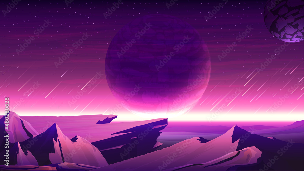 Nature on another planet with a huge planet on the horizon. Mars purple ...