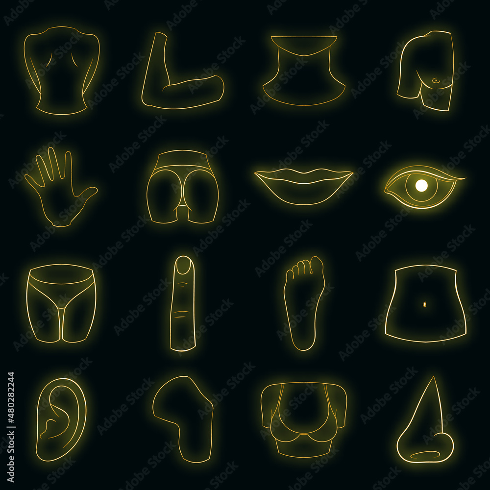 Body parts icons set. Illustration of 16 body parts vector icons neon ...