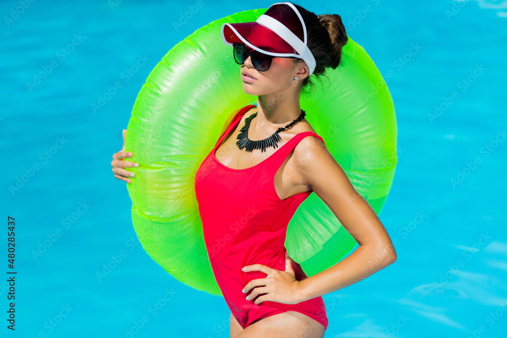 Sexy Tanned Woman In Red Swimsuit Having Fun And Enjoying Summer In
