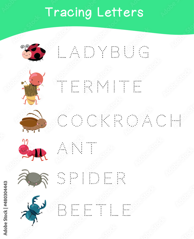 Tracing letters. Tracing names of insect names worksheet. Writing ...