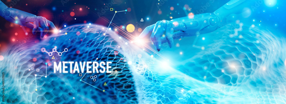 Metaverse technology, Blockchain and data, Hands of robots touching ...