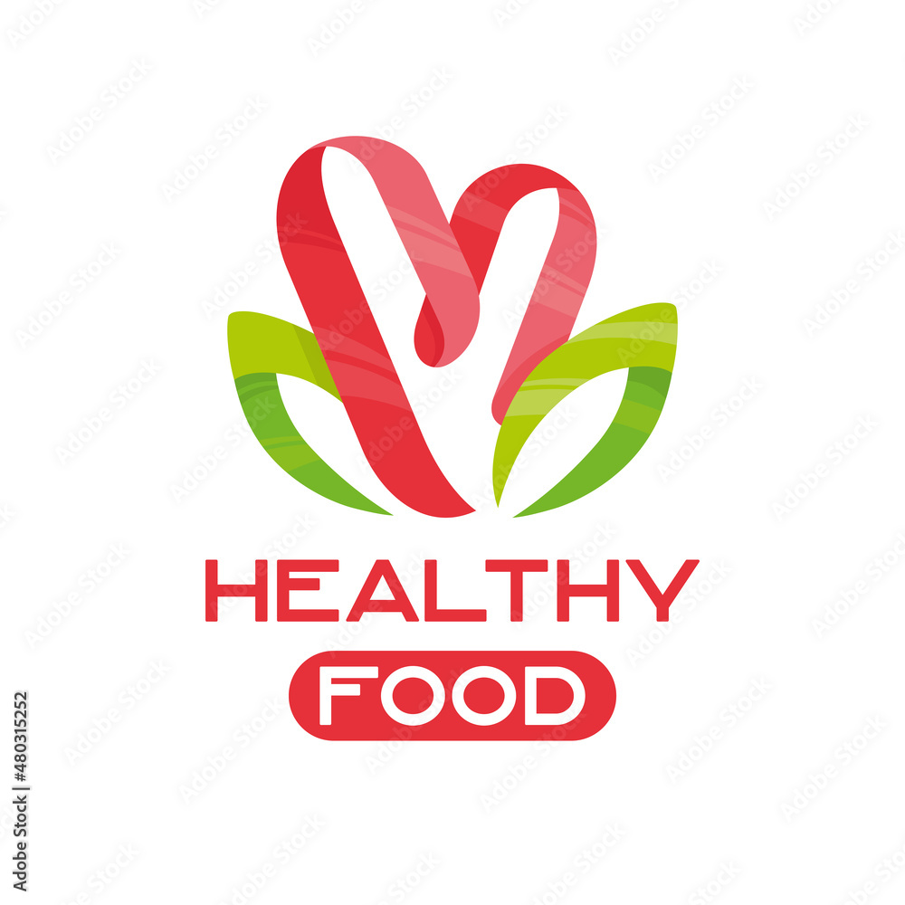 Bright healthy food logo, red heart and green leaves. The emblem of ...