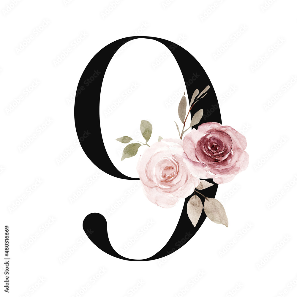 Number 9 with watercolor flowers roses hand painting. Perfectly for ...
