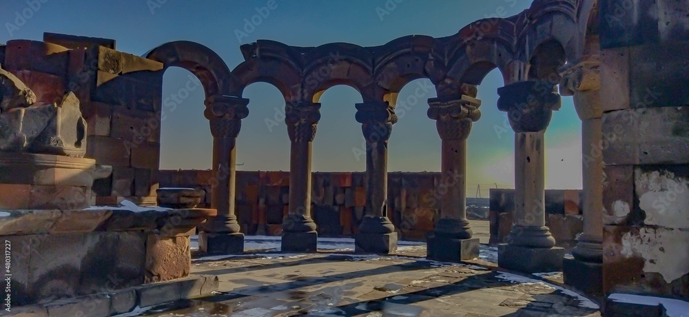 Ruins of an old monastery. Columns of the church. Temple ruins. Old ...