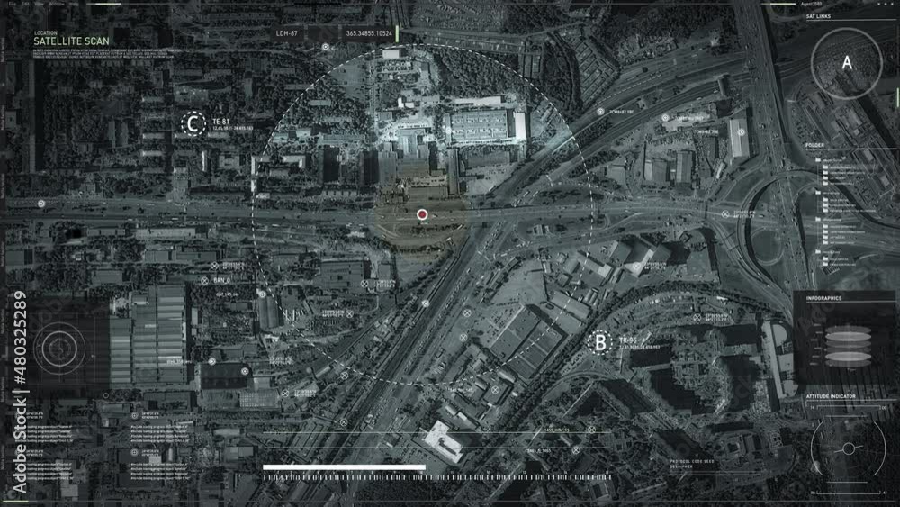 Military High tech radar interface scanning through the town. High tech ...