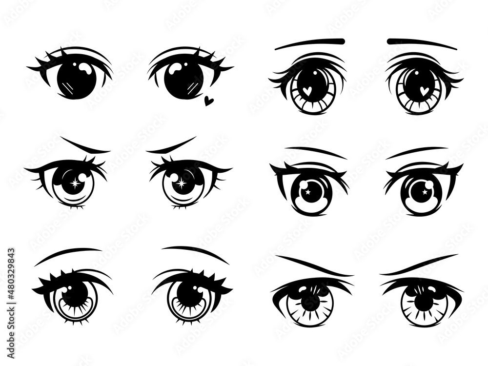 Set of cute anime eyes. Collection of different cartoon eyes with heart ...