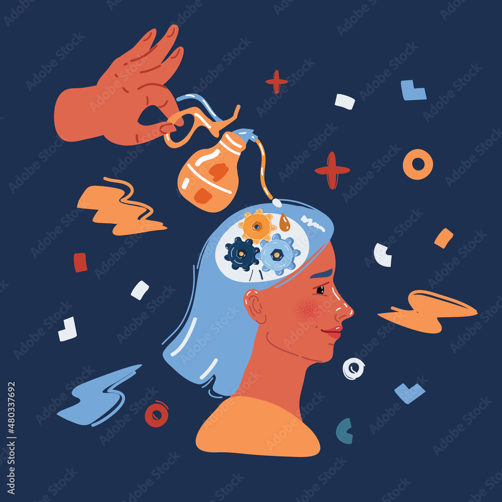 Cartoon vector illustration of hand oiling gears mechanism in head ...