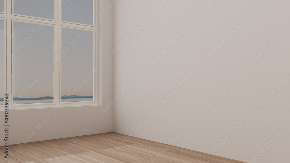 Empty room interior design, open space with big panoramic window, eco ...