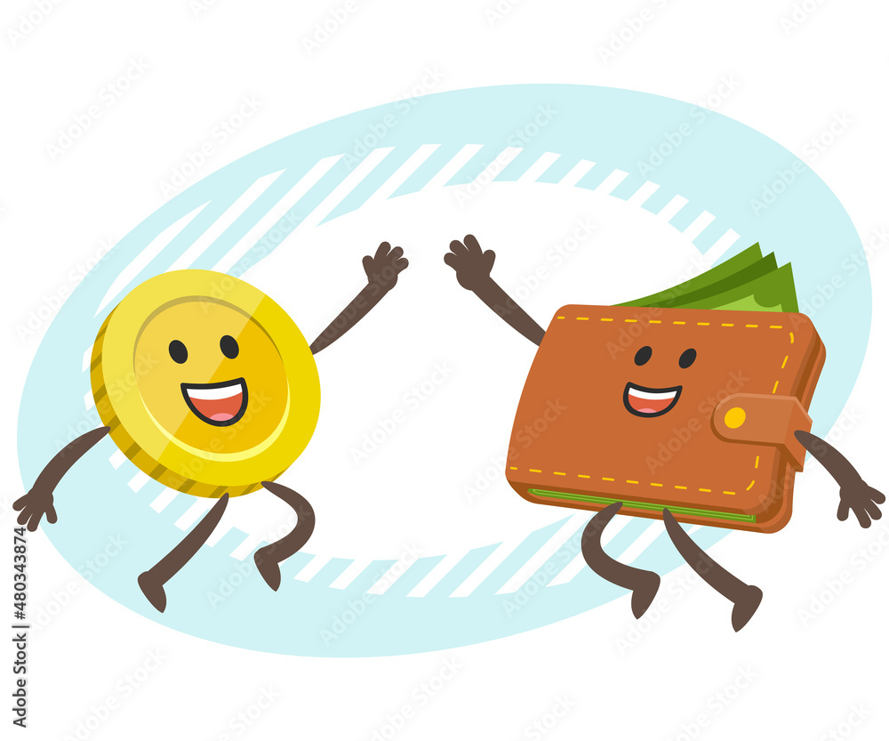 Cartoon Wallet Character and Cartoon Coin Character giving high-five ...